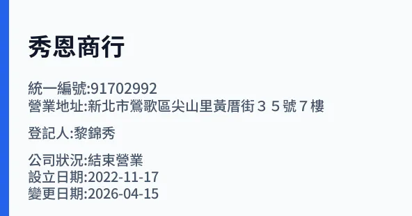 秀恩商行的照片-統編 91702992(新北市) 公司登記資料與營業項目詳細圖表