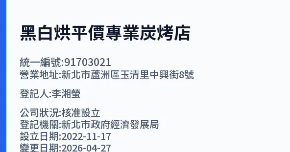 黑白烘平價專業炭烤店的照片-統編 91703021(新北市) 公司登記資料與營業項目詳細圖表
