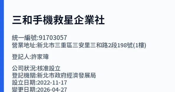 三和手機救星企業社的照片-統編 91703057(新北市) 公司登記資料與營業項目詳細圖表