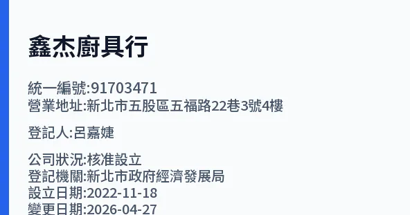 鑫杰廚具行的照片-統編 91703471(新北市) 公司登記資料與營業項目詳細圖表