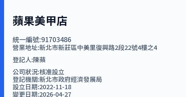 蘋果美甲店的照片-統編 91703486(新北市) 公司登記資料與營業項目詳細圖表