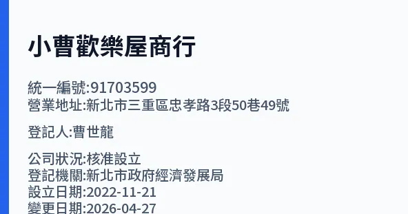 小曹歡樂屋商行的照片-統編 91703599(新北市) 公司登記資料與營業項目詳細圖表