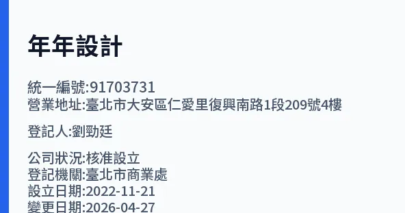 年年設計的照片-統編 91703731(臺北市) 公司登記資料與營業項目詳細圖表