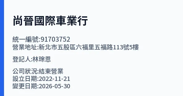 尚晉國際車業行的照片-統編 91703752(新北市) 公司登記資料與營業項目詳細圖表
