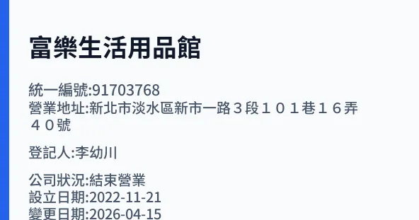 富樂生活用品館的照片-統編 91703768(新北市) 公司登記資料與營業項目詳細圖表