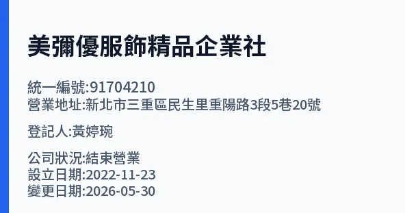 美彌優服飾精品企業社的照片-統編 91704210(新北市) 公司登記資料與營業項目詳細圖表