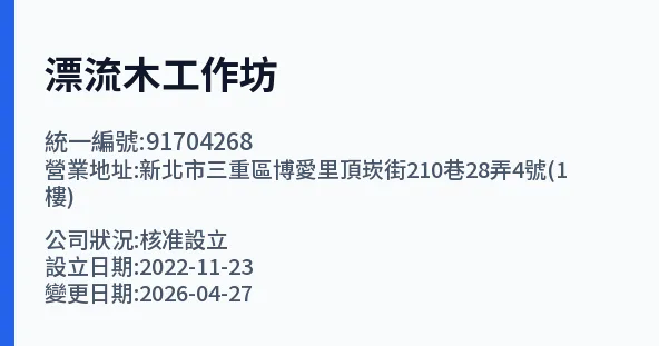 漂流木工作坊的照片-統編 91704268(新北市) 公司登記資料與營業項目詳細圖表