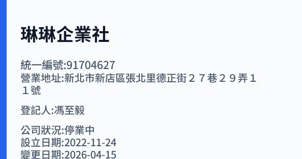 琳琳企業社的照片-統編 91704627(新北市) 公司登記資料與營業項目詳細圖表