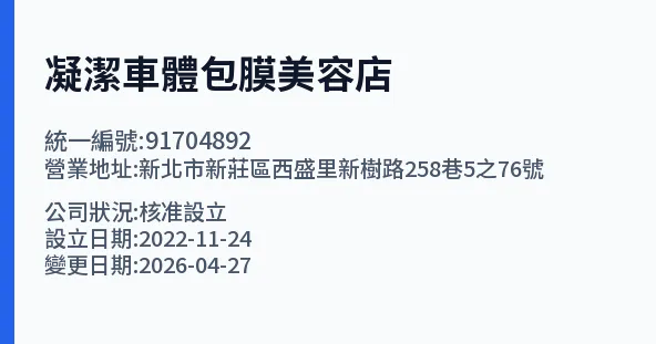 凝潔車體包膜美容店的照片-統編 91704892(新北市) 公司登記資料與營業項目詳細圖表