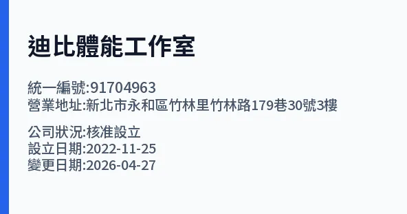 迪比體能工作室的照片-統編 91704963(新北市) 公司登記資料與營業項目詳細圖表