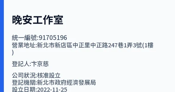 晚安工作室的照片-統編 91705196(新北市) 公司登記資料與營業項目詳細圖表