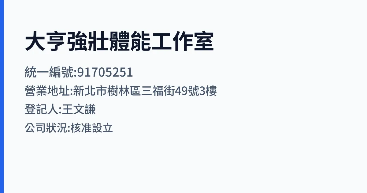大亨強壯體能工作室 - 統編 91705251(新北市) 公司登記資料與營業項目詳細圖表