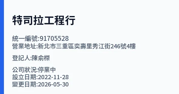 特司拉工程行的照片-統編 91705528(新北市) 公司登記資料與營業項目詳細圖表