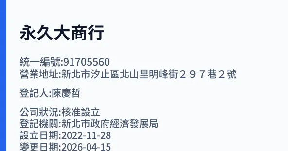 永久大商行的照片-統編 91705560(新北市) 公司登記資料與營業項目詳細圖表
