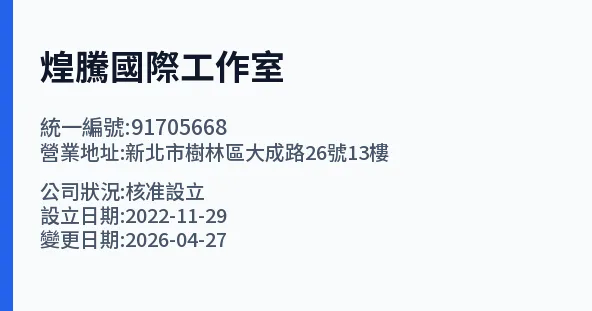 煌騰國際工作室的照片-統編 91705668(新北市) 公司登記資料與營業項目詳細圖表