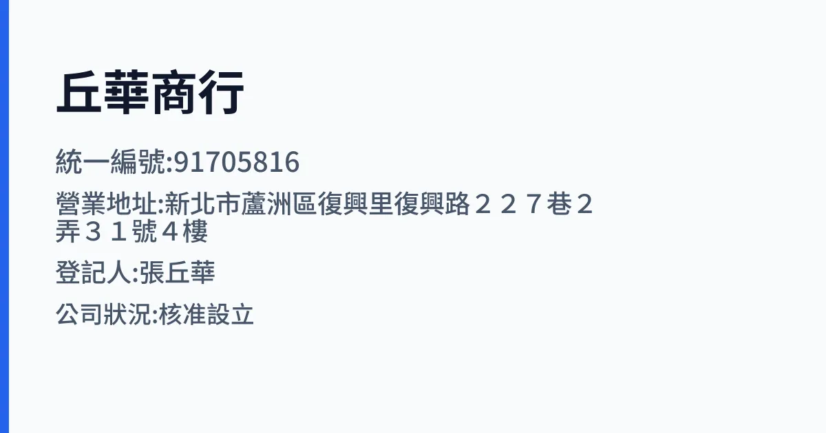丘華商行 - 統編 91705816(新北市) 公司登記資料與營業項目詳細圖表