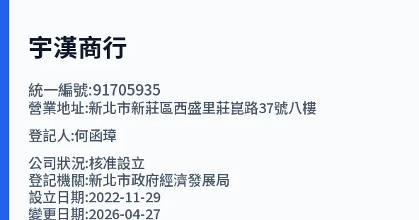 宇漢商行的照片-統編 91705935(新北市) 公司登記資料與營業項目詳細圖表