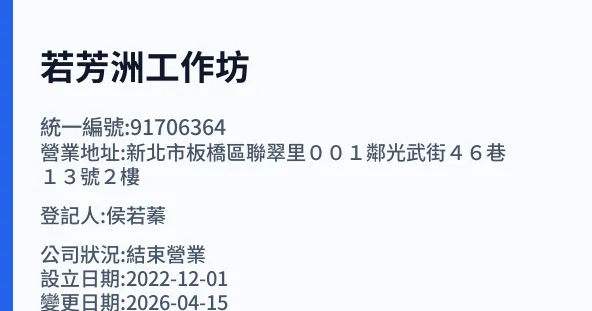 若芳洲工作坊的照片-統編 91706364(新北市) 公司登記資料與營業項目詳細圖表