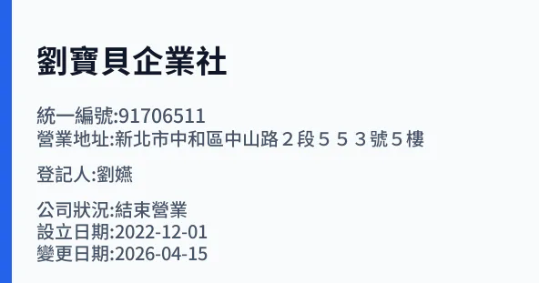 劉寶貝企業社的照片-統編 91706511(新北市) 公司登記資料與營業項目詳細圖表