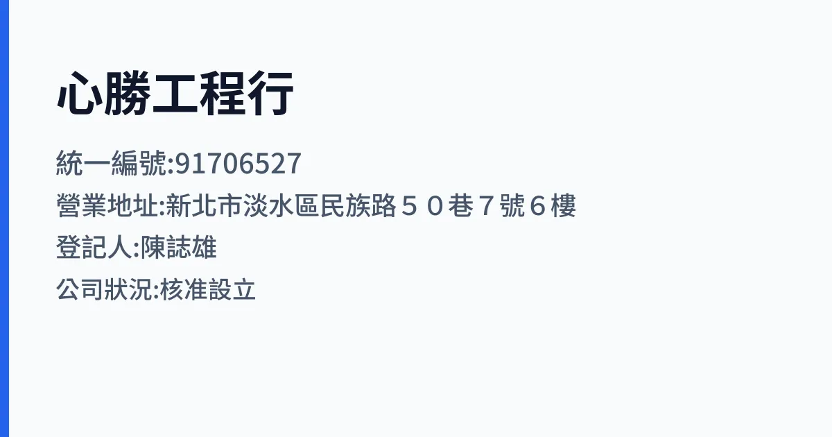 心勝工程行 - 統編 91706527(新北市) 公司登記資料與營業項目詳細圖表