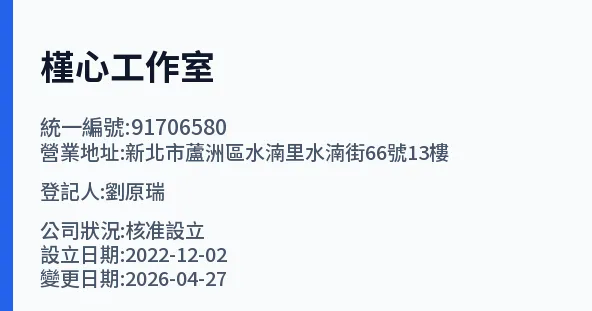 槿心工作室的照片-統編 91706580(新北市) 公司登記資料與營業項目詳細圖表