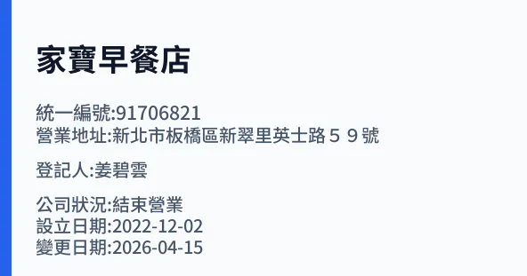 家寶早餐店的照片-統編 91706821(新北市) 公司登記資料與營業項目詳細圖表
