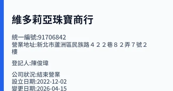 維多莉亞珠寶商行的照片-統編 91706842(新北市) 公司登記資料與營業項目詳細圖表