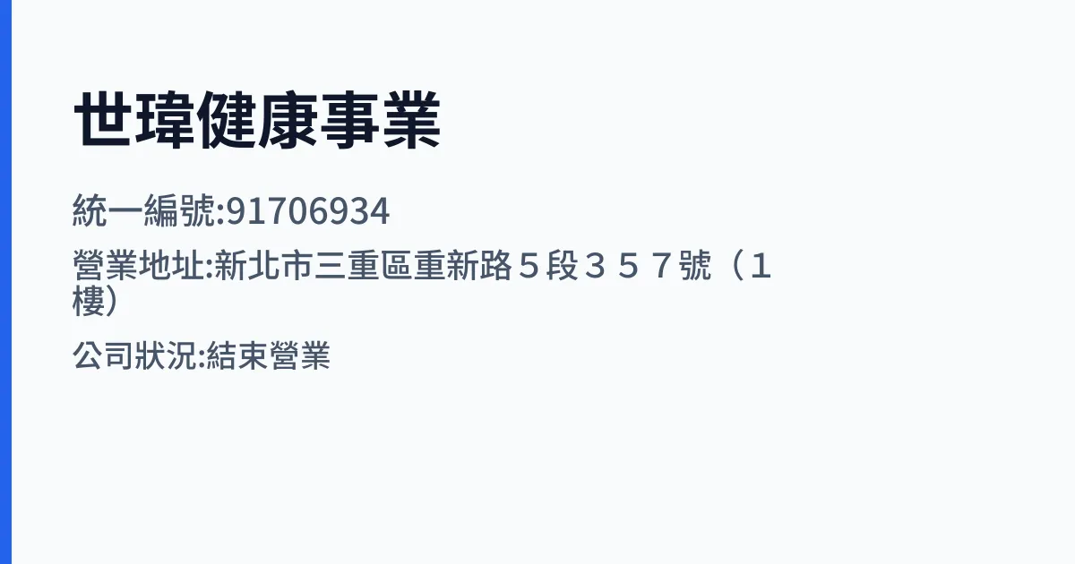 世瑋健康事業 - 統編 91706934(新北市) 公司登記資料與營業項目詳細圖表