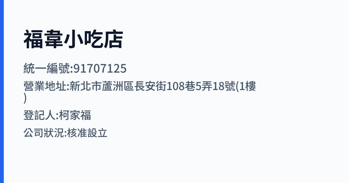 福韋小吃店 - 統編 91707125(新北市) 公司登記資料與營業項目詳細圖表