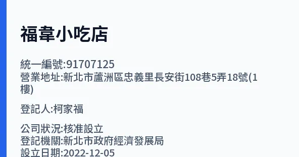 福韋小吃店的照片-統編 91707125(新北市) 公司登記資料與營業項目詳細圖表