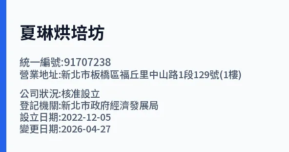 夏琳烘培坊的照片-統編 91707238(新北市) 公司登記資料與營業項目詳細圖表