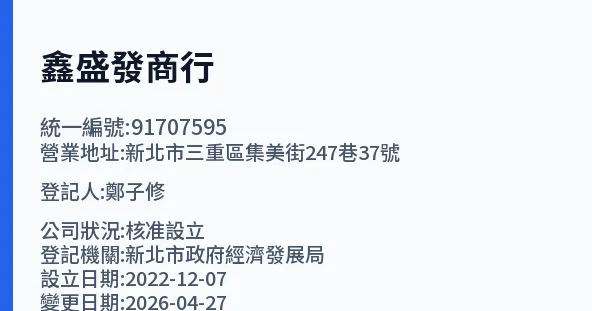 鑫盛發商行的照片-統編 91707595(新北市) 公司登記資料與營業項目詳細圖表