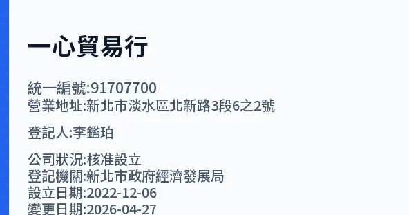 一心貿易行的照片-統編 91707700(新北市) 公司登記資料與營業項目詳細圖表