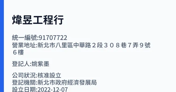 煒昱工程行的照片-統編 91707722(新北市) 公司登記資料與營業項目詳細圖表
