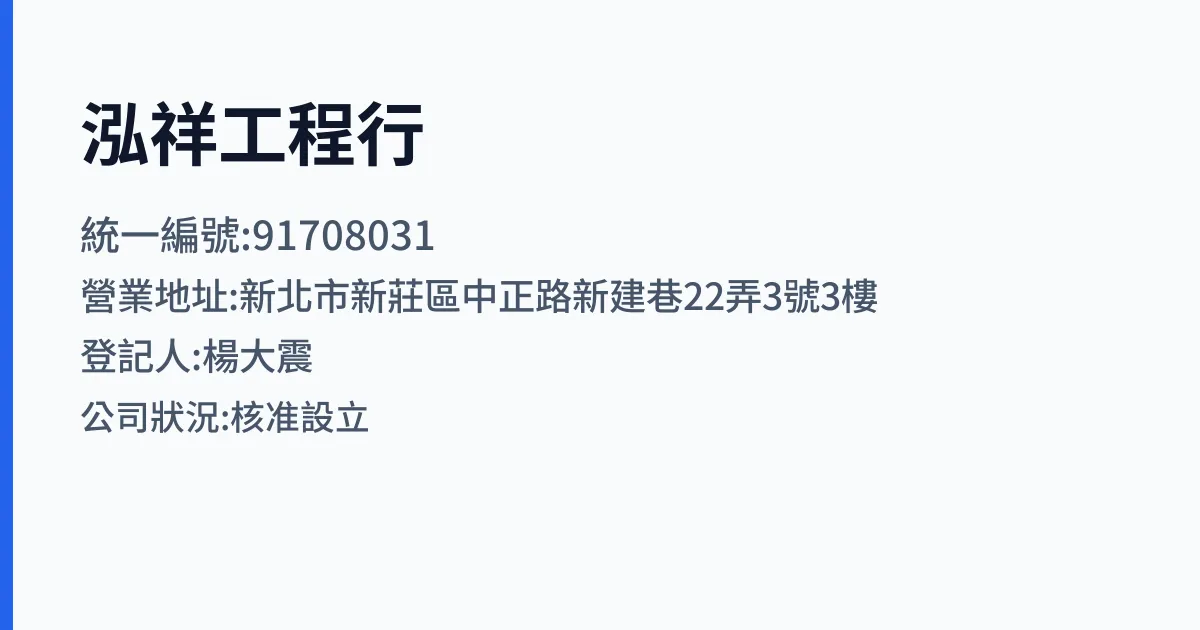 泓祥工程行 - 統編 91708031(新北市) 公司登記資料與營業項目詳細圖表