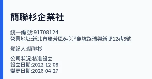 簡聯杉企業社的照片-統編 91708124(新北市) 公司登記資料與營業項目詳細圖表