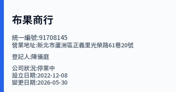 布果商行的照片-統編 91708145(新北市) 公司登記資料與營業項目詳細圖表