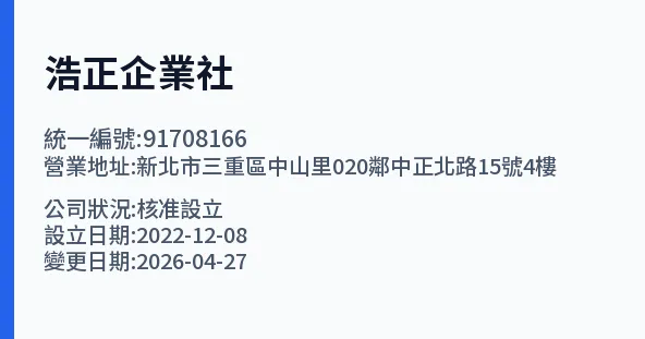浩正企業社的照片-統編 91708166(新北市) 公司登記資料與營業項目詳細圖表