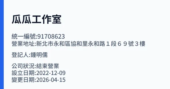 瓜瓜工作室的照片-統編 91708623(新北市) 公司登記資料與營業項目詳細圖表