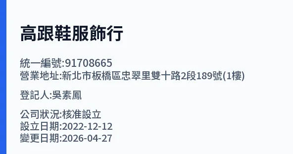 高跟鞋服飾行的照片-統編 91708665(新北市) 公司登記資料與營業項目詳細圖表
