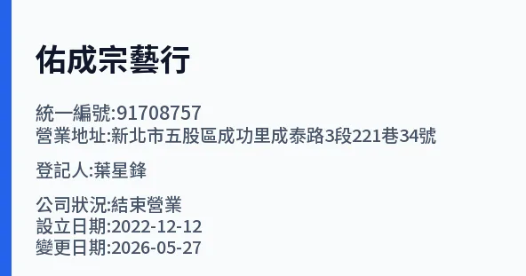 佑成宗藝行的照片-統編 91708757(新北市) 公司登記資料與營業項目詳細圖表