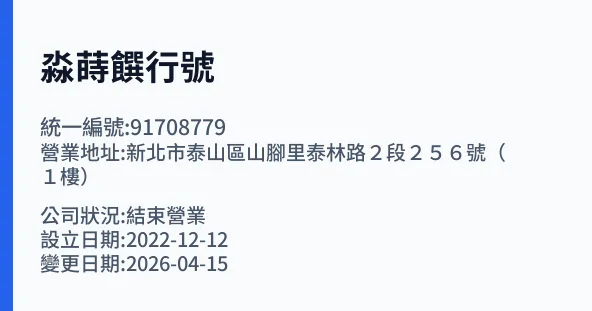 淼蒔饌行號 - 統編 91708779(新北市) 公司登記資料與營業項目詳細圖表