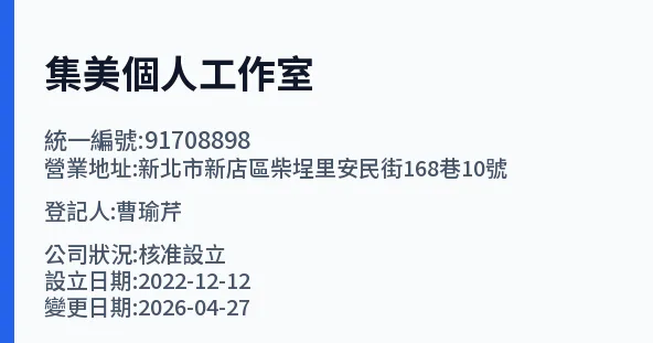 集美個人工作室的照片-統編 91708898(新北市) 公司登記資料與營業項目詳細圖表