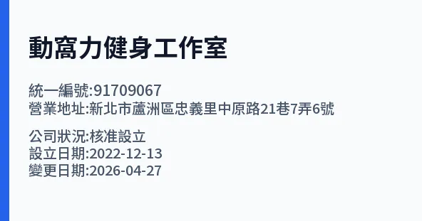 動窩力健身工作室的照片-統編 91709067(新北市) 公司登記資料與營業項目詳細圖表