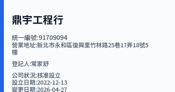 鼎宇工程行的照片-統編 91709094(新北市) 公司登記資料與營業項目詳細圖表