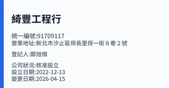 綺豐工程行的照片-統編 91709117(新北市) 公司登記資料與營業項目詳細圖表