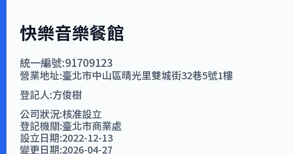 快樂音樂餐館的照片-統編 91709123(臺北市) 公司登記資料與營業項目詳細圖表