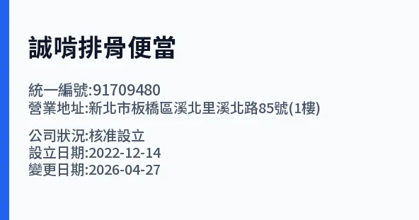 誠啃排骨便當的照片-統編 91709480(新北市) 公司登記資料與營業項目詳細圖表