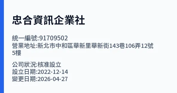 忠合資訊企業社的照片-統編 91709502(新北市) 公司登記資料與營業項目詳細圖表