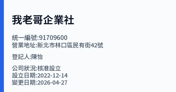 我老哥企業社的照片-統編 91709600(新北市) 公司登記資料與營業項目詳細圖表
